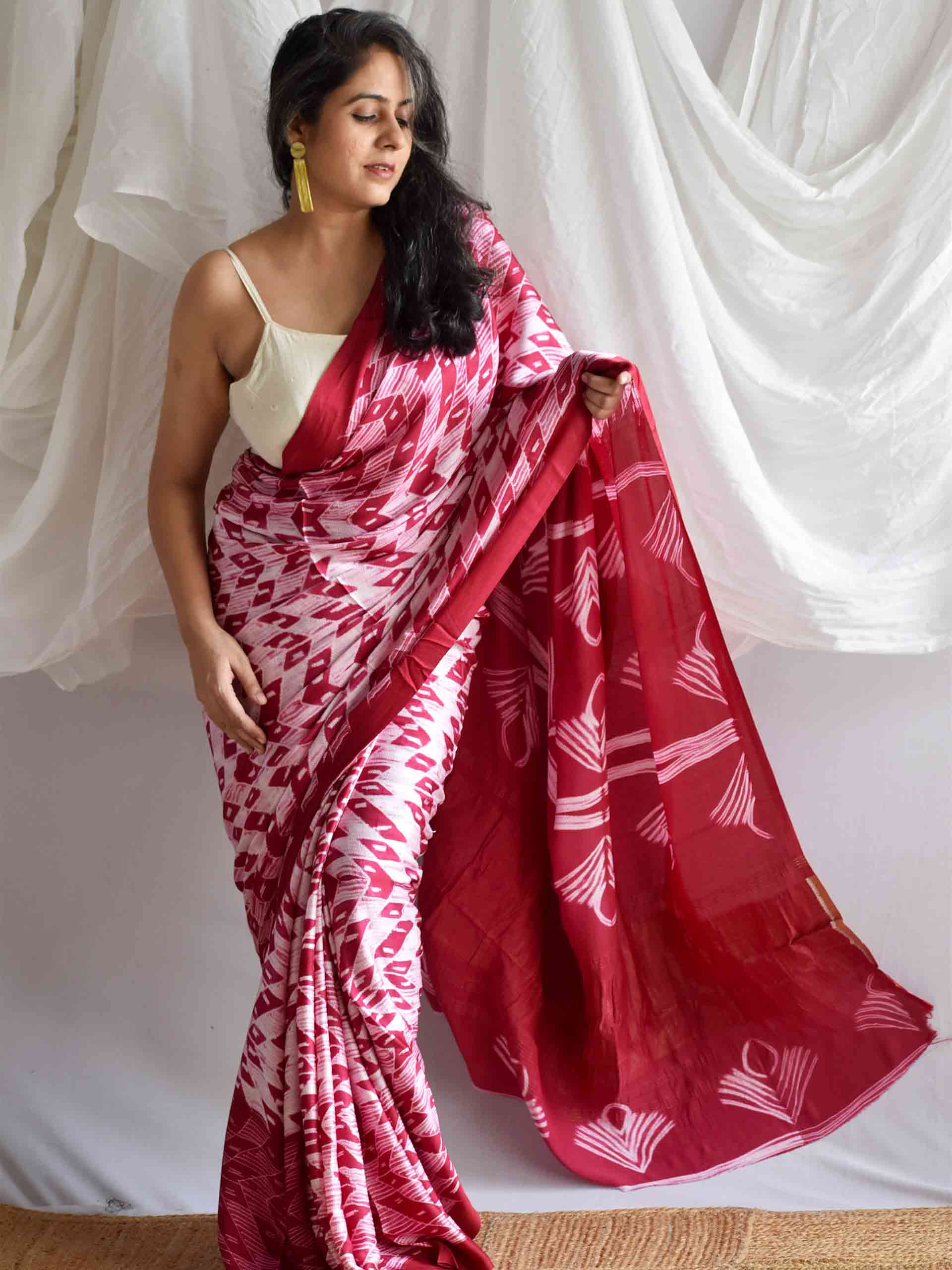 Sunshine - Buy Ajrakh Hand Block Printed Modal Silk Saree Online