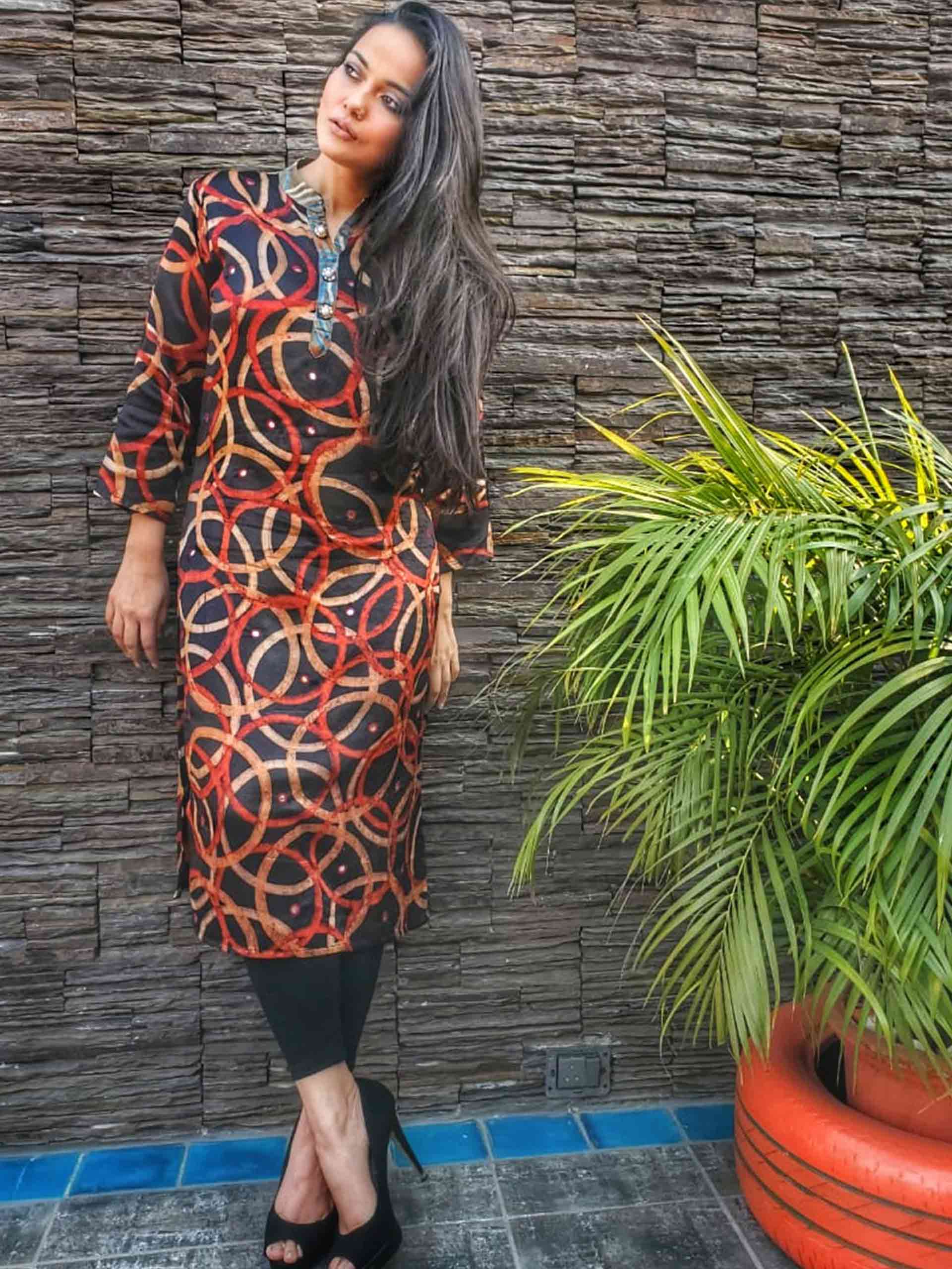 Loops | Buy Black Brown Ajrakh Mashru Silk Kurti Online | Sundarii Handmade
