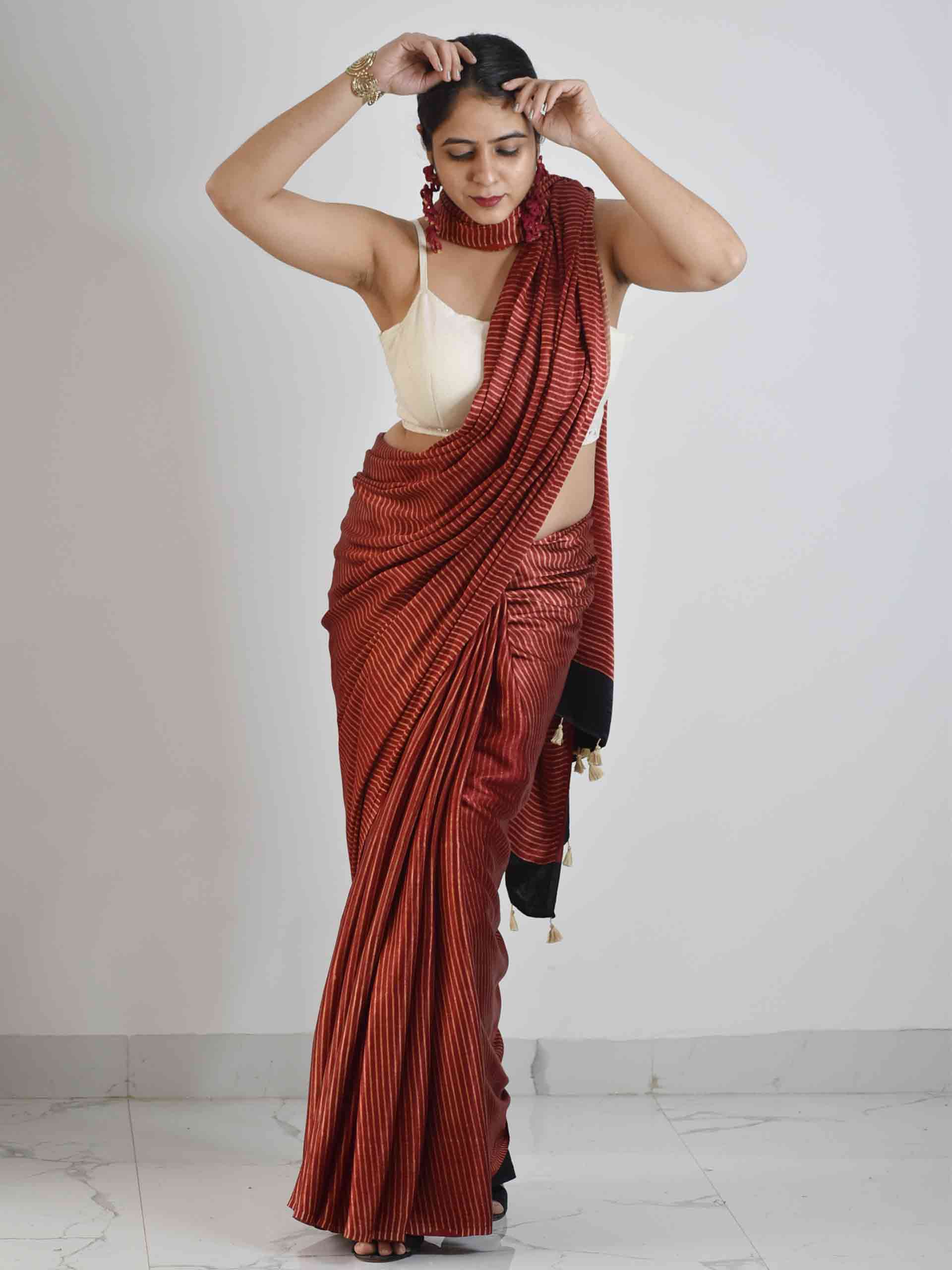 Stripe love - Maroon Ajrakh Mashru silk saree | Sundarii Handmade
