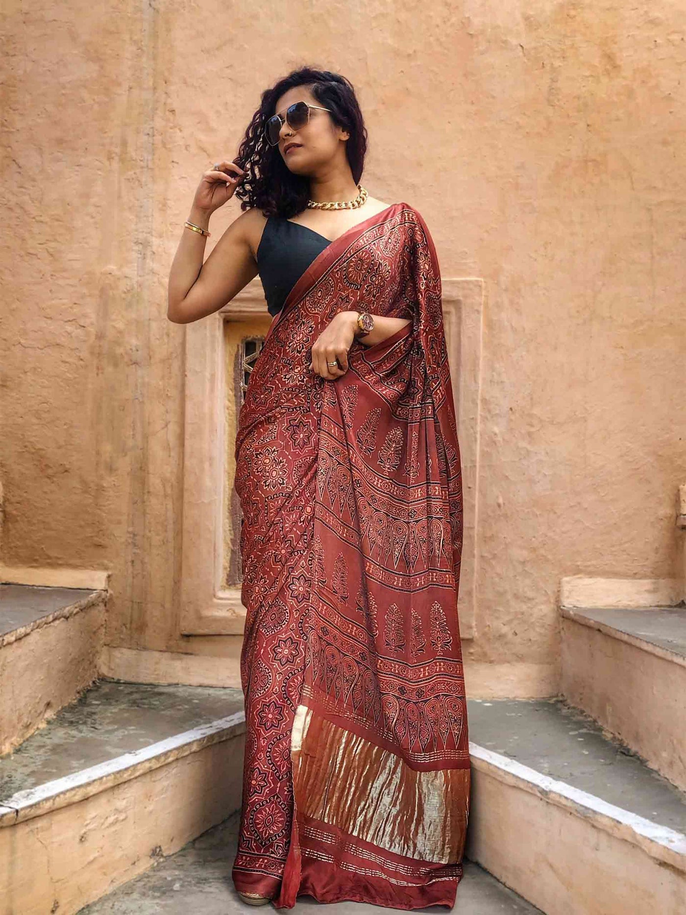 Shop Ajrakh Hand Block Printed Cotton Sarees